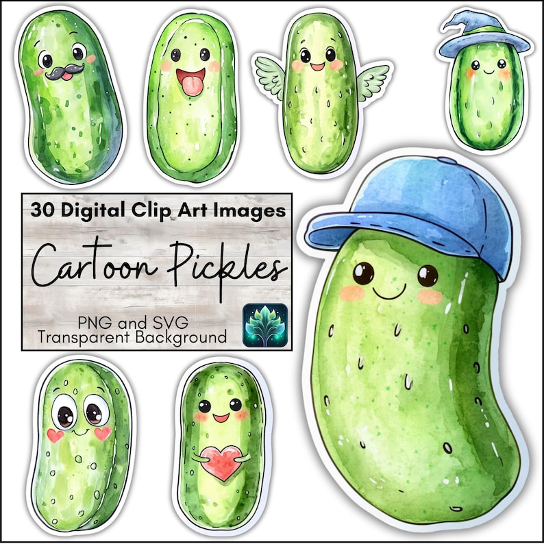 Cartoon Pickle Clipart Cute Hand Drawn Watercolor Vinyl Sticker Design Printable PNG and SVG ...