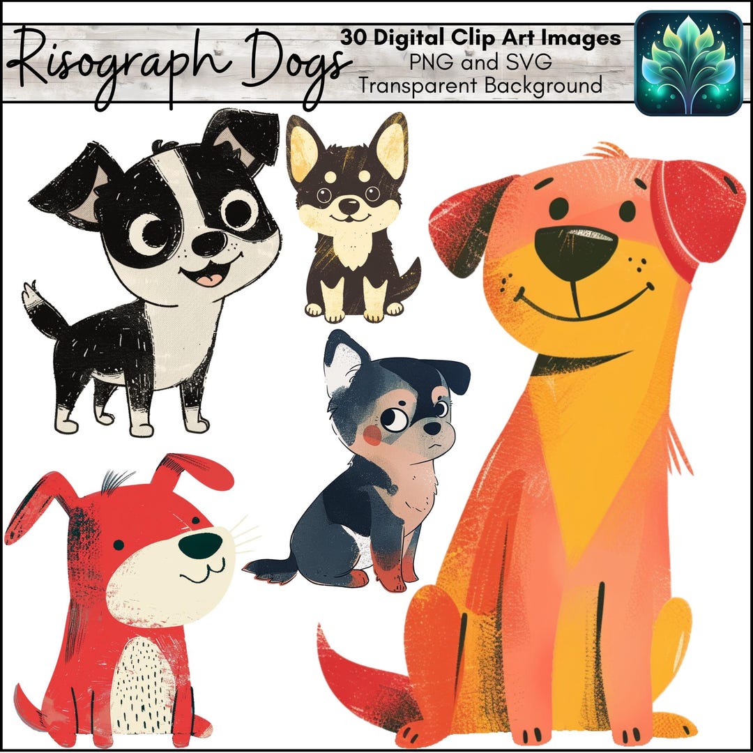 Digital Clip Art Set Risograph Dog, Fun Colorful Puppy Art, Cute ...