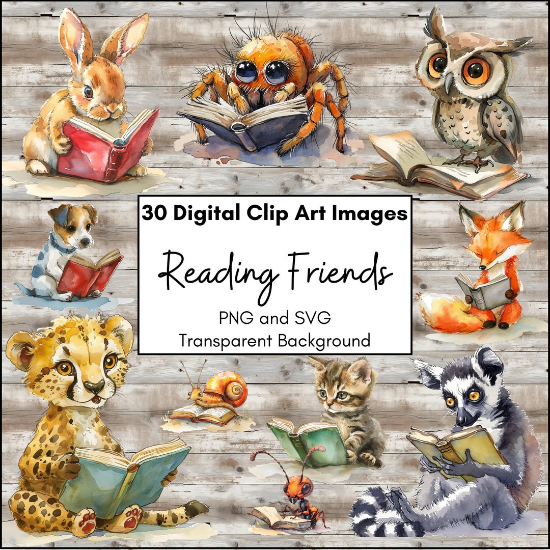 Digital Clip Art Bundle, National Reading Month Cute Watercolor Animal ...