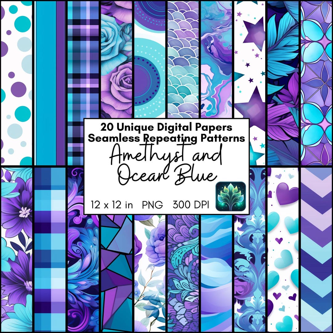 Amethyst and Ocean Blue Digital Paper Set - Seamless Printable Patterns ...