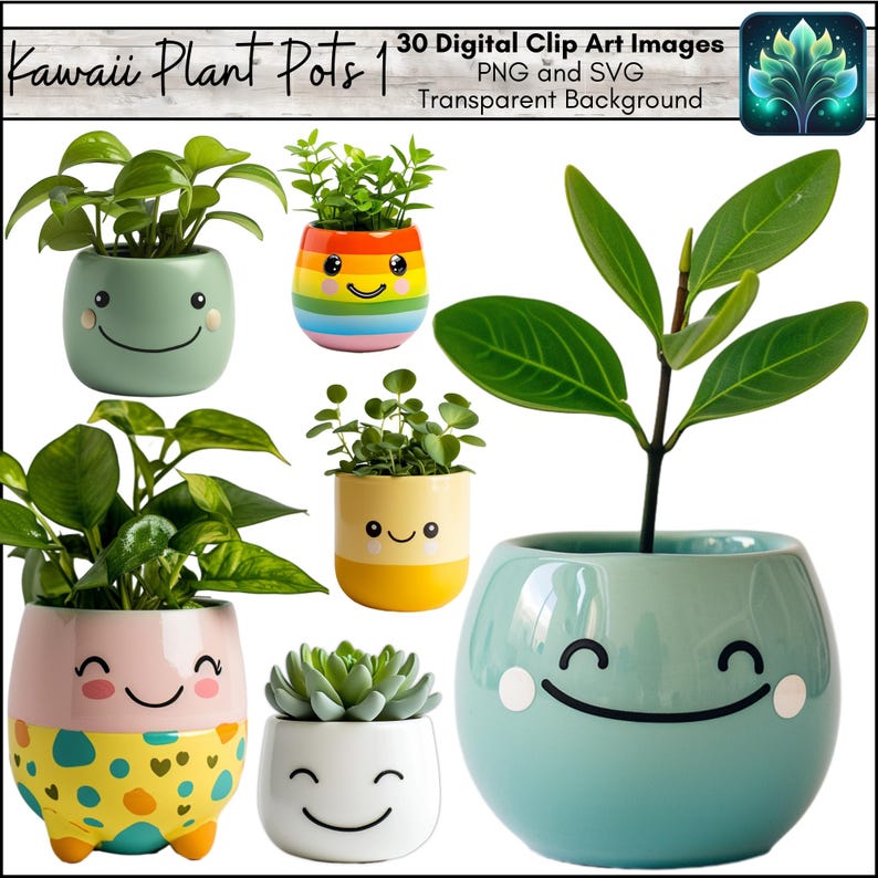 Cute Colorful Kawaii Houseplant Pots Digital Clipart Printable PNG and ...