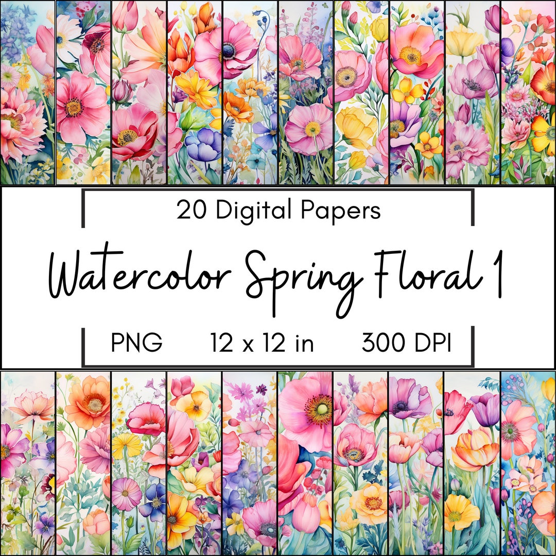 Watercolor Spring Floral Digital Paper, Full Page Design, Colorful ...