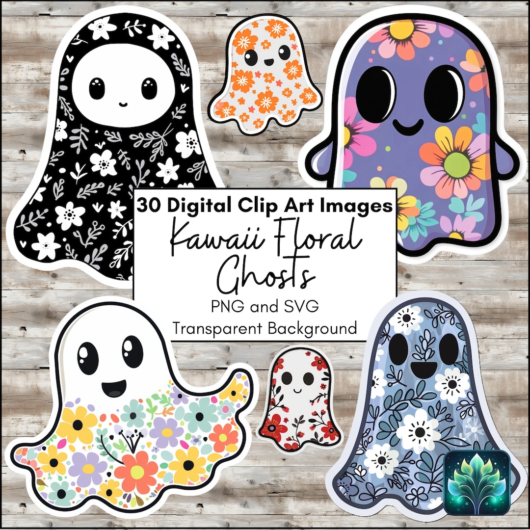 Cute Kawaii Floral Ghosts Digital Clip Art Set, Colorful Print at Home ...