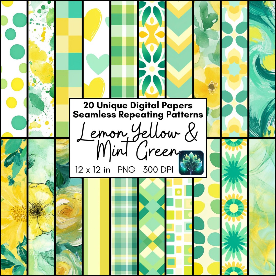 Lemon Yellow and Mint Green Digital Paper Pack, Seamless Repeating ...