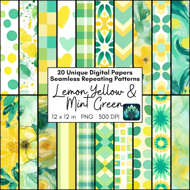 Lemon Yellow and Mint Green Digital Paper Pack, Seamless Repeating ...