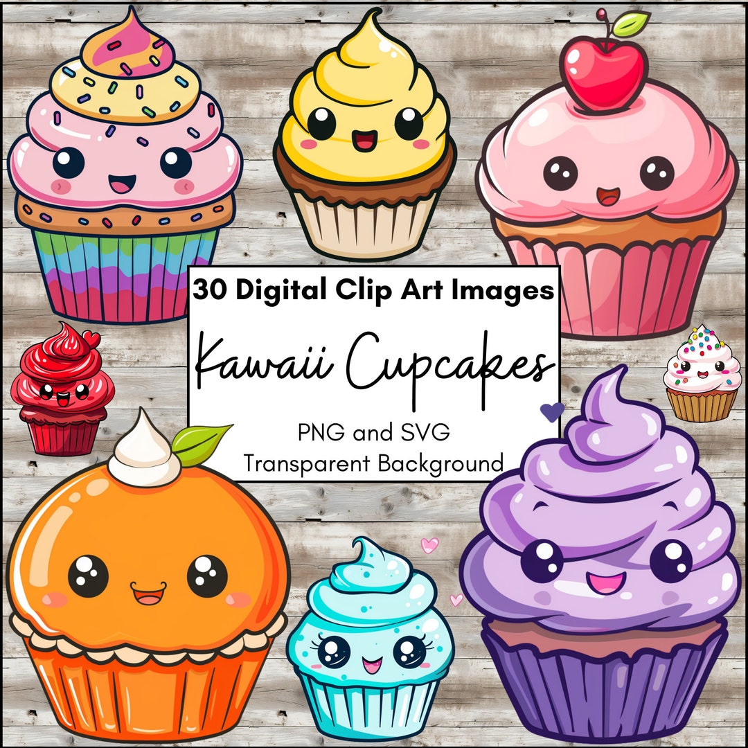 Cute Happy Kawaii Cupcake Digital Clip Art Set, Fun Frosted Cup Cake ...