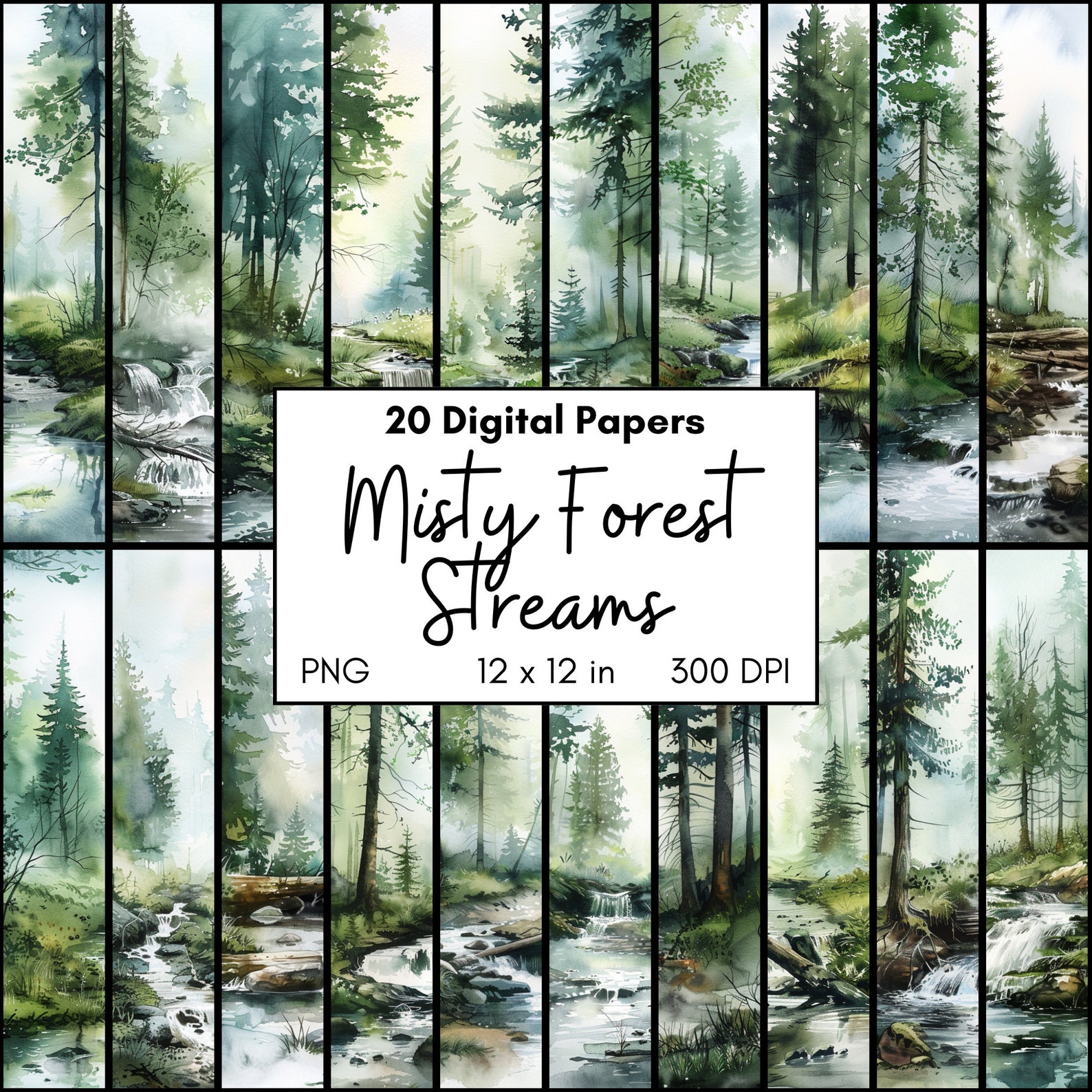 Misty Forest Streams Watercolor Digital Paper Pack, Foggy Trees ...
