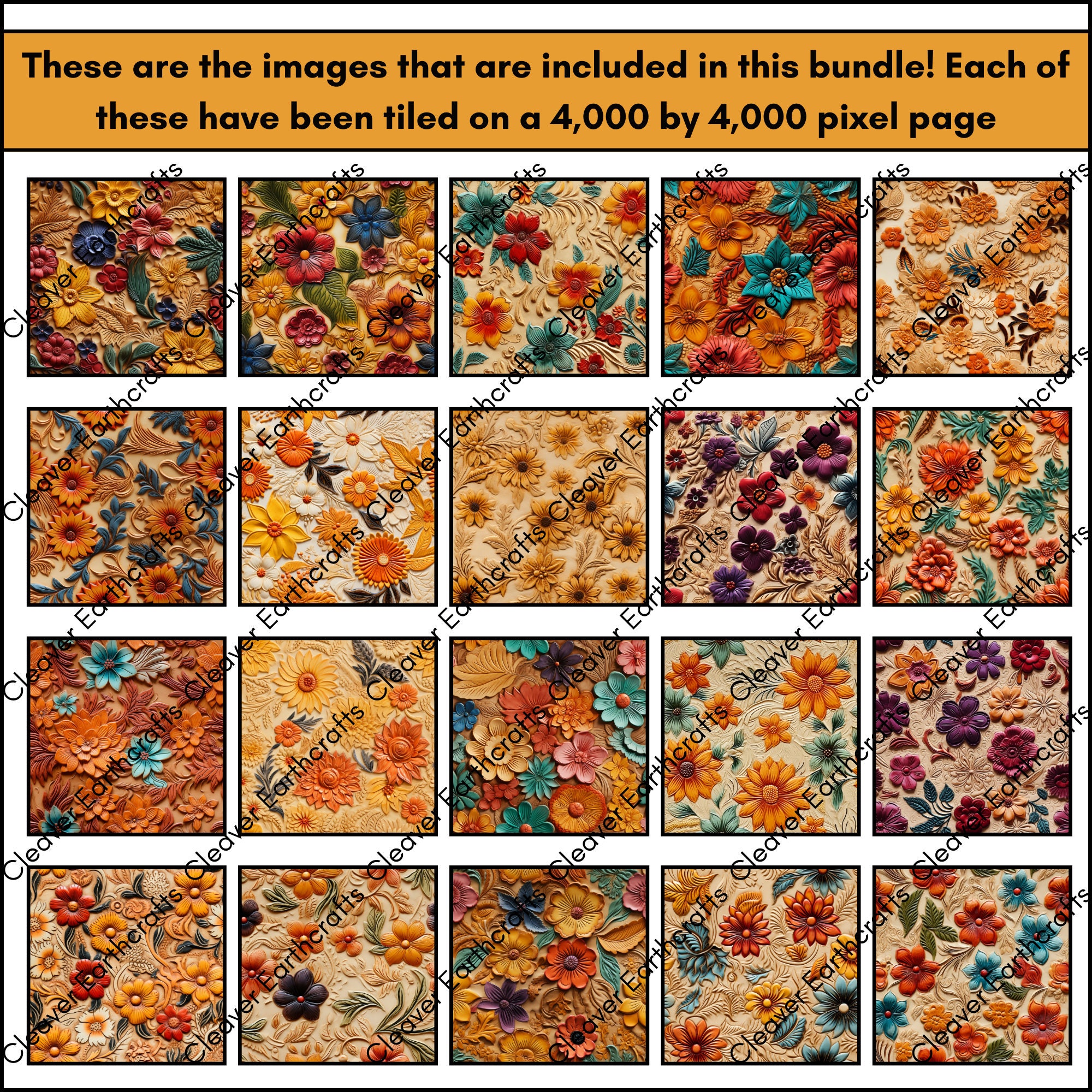 Digital Paper Pack Tooled Floral Leather Dyed Flower, Repeating Pattern ...