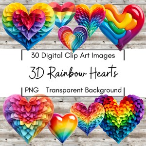 3D Rainbow Heart Digital Clip Art, Transparent Background, Valentines ...