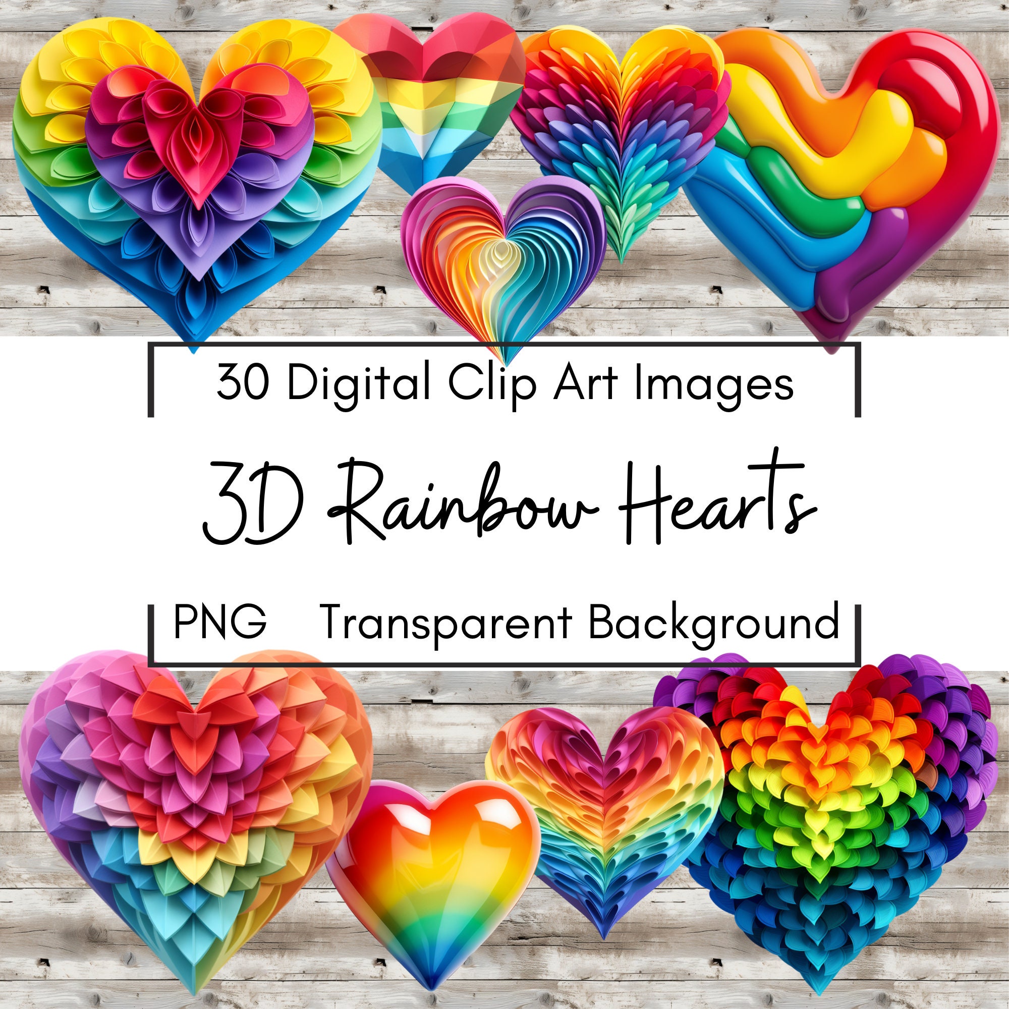 3D Rainbow Heart Digital Clip Art, Transparent Background, Valentines ...