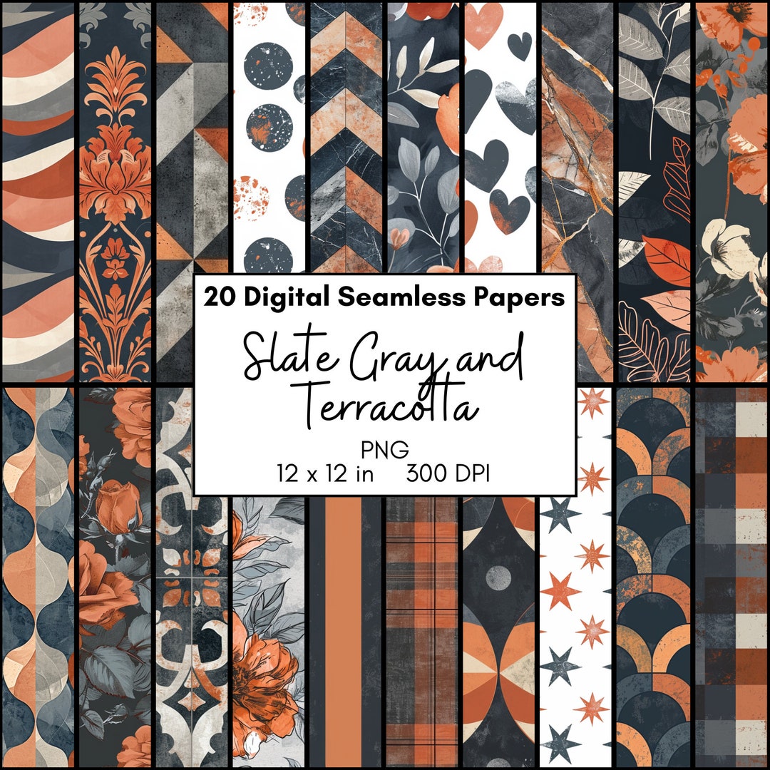 Slate Gray and Terracotta Digital Paper Pack, Seamless Repeating ...