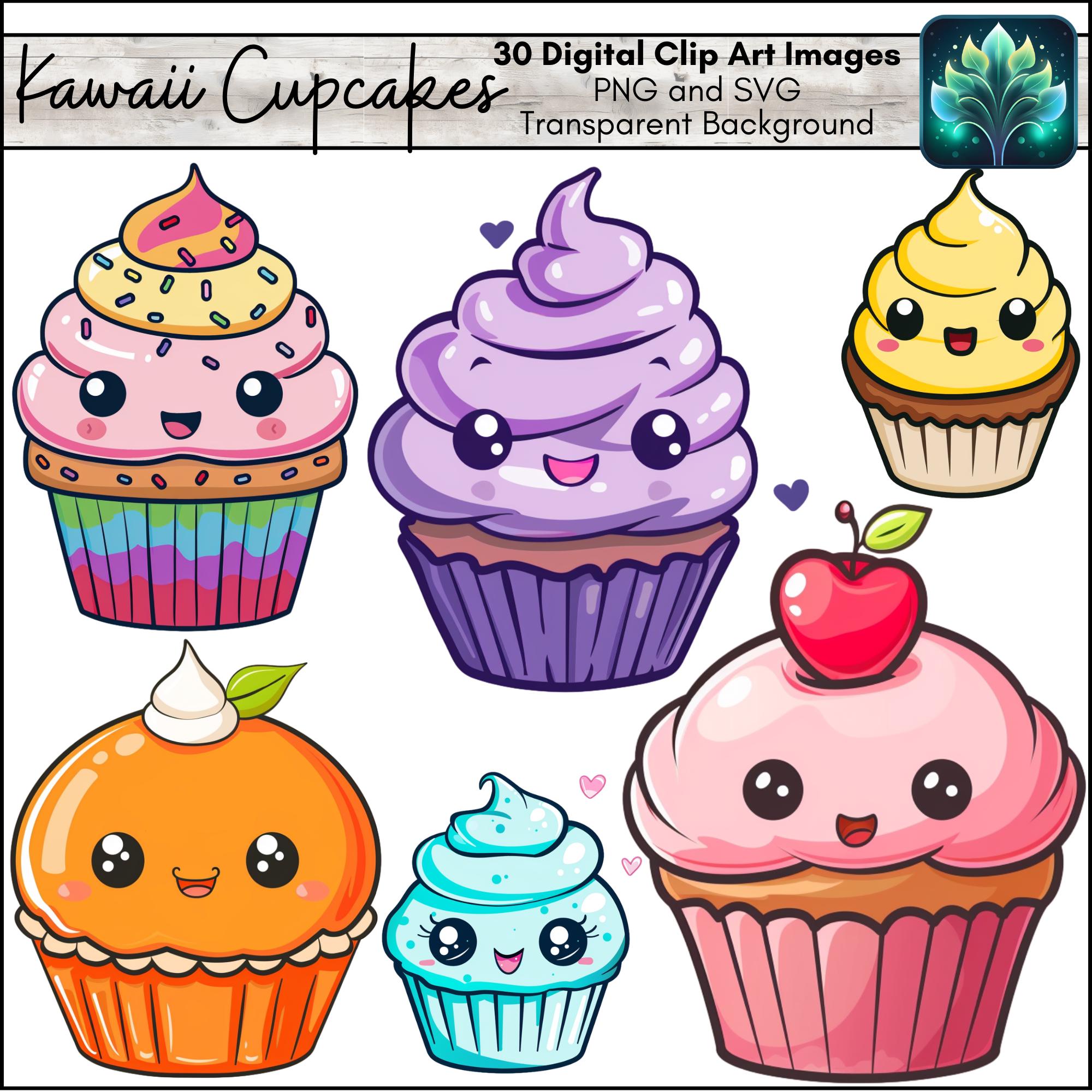 Cute Happy Kawaii Cupcake Digital Clip Art Set, Fun Frosted Cup Cake ...