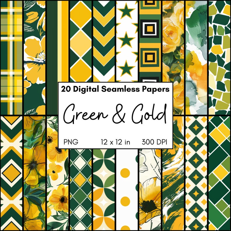 Green and Gold Digital Paper Pack, High School Team Colors Print at ...
