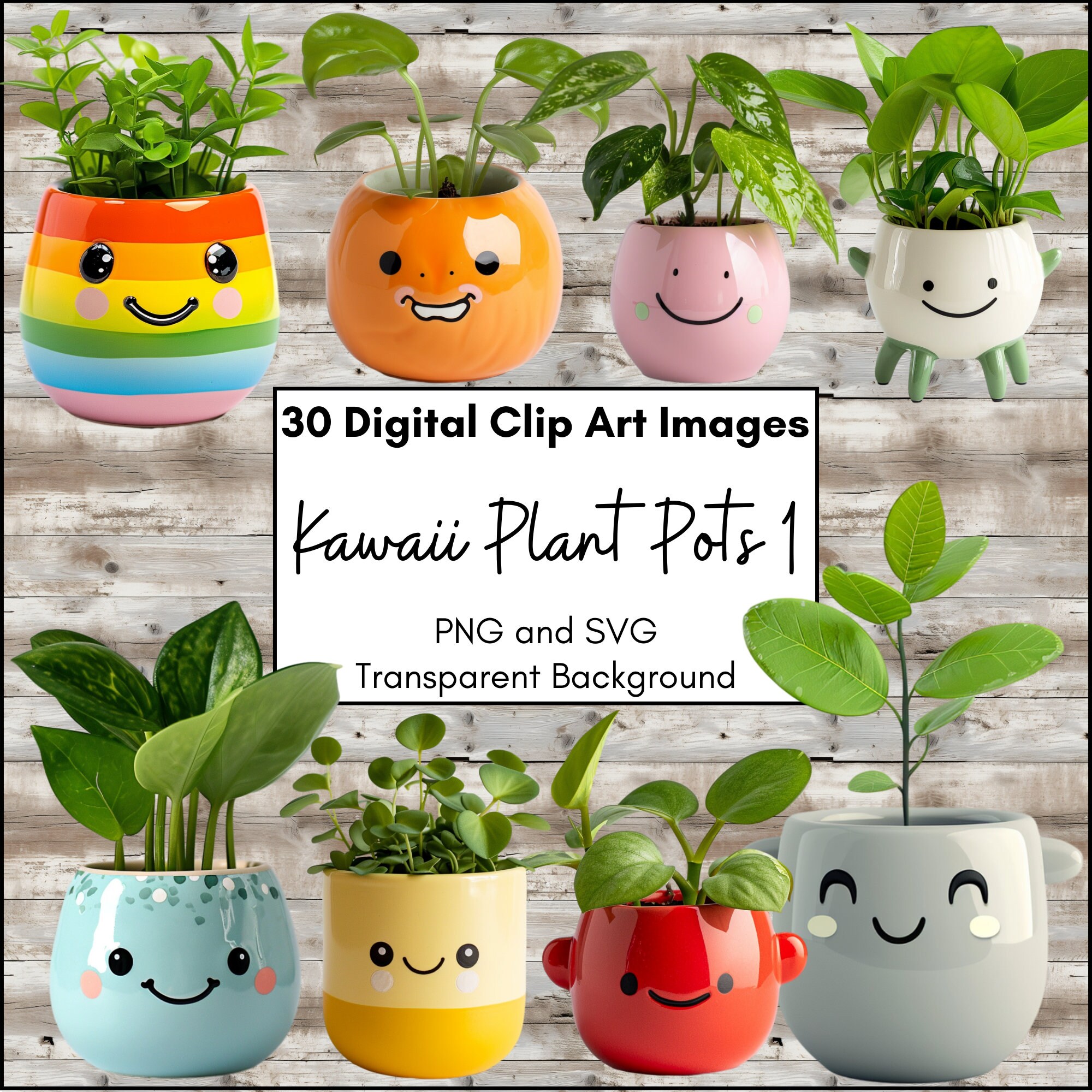 Cute Colorful Kawaii Houseplant Pots Digital Clipart, Printable PNG and ...