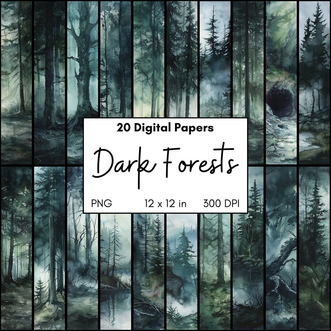 Dark Haunted Watercolor Forest Digital Paper Pack, Foggy Foreboding ...