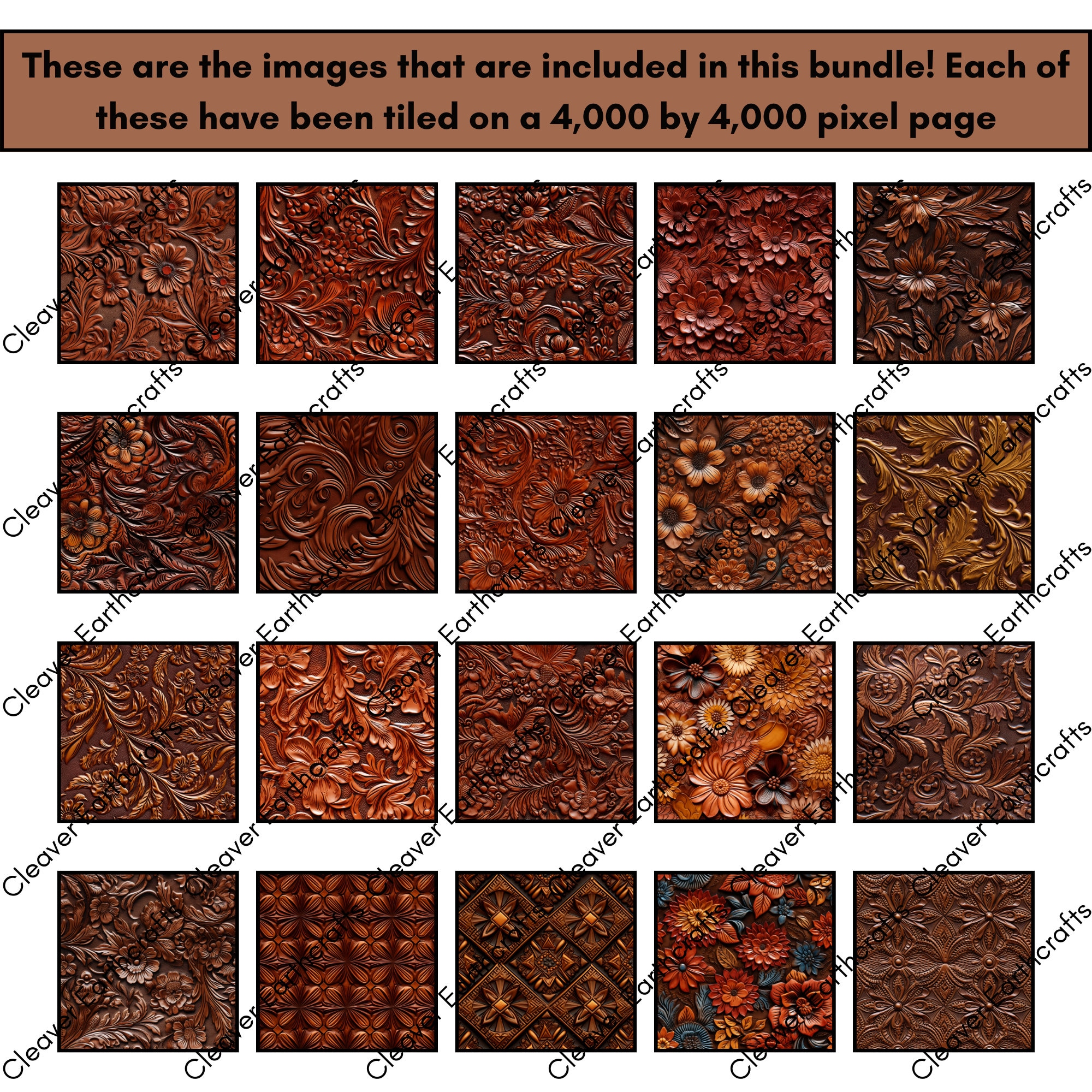 Digital Paper Tooled Leather, Chestnut Colored Leather, Floral Design ...