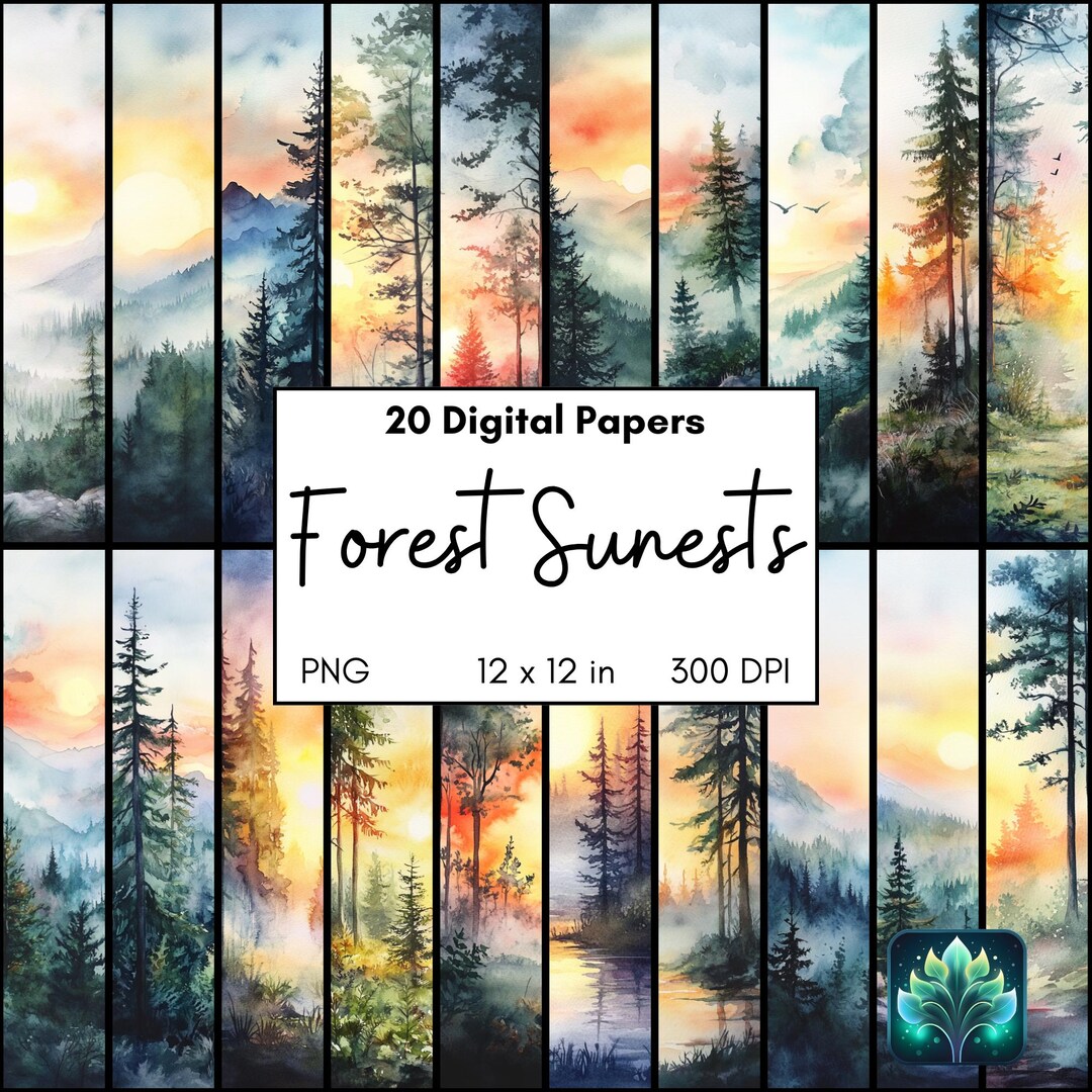 Forest Sunsets Digital Paper Pack, Mountain Sun Set Watercolor ...