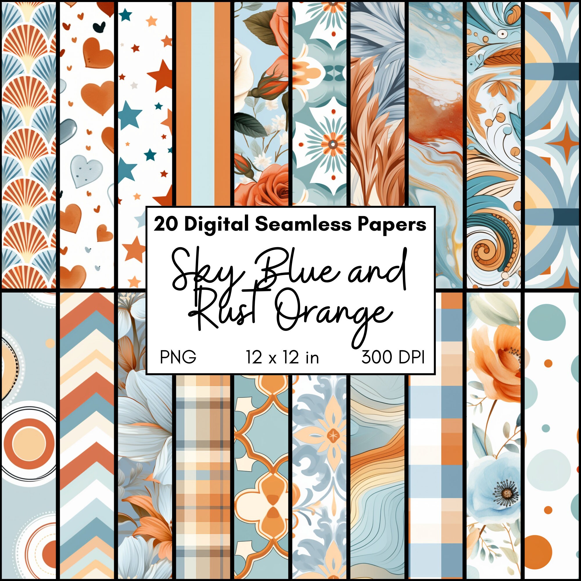 Sky Blue & Rust Orange Digital Paper Set, Seamless Pattern Printable ...