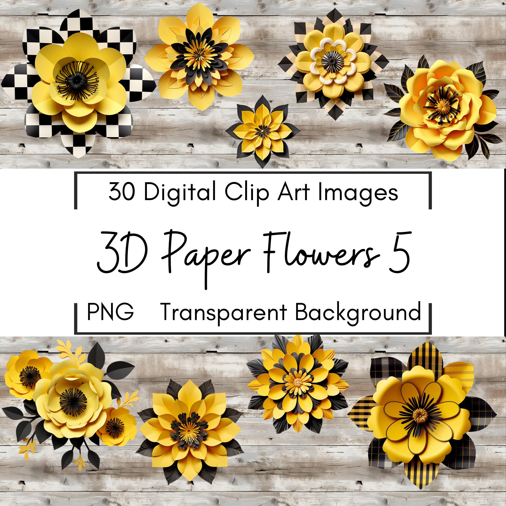 Digital Clip Art 3D Paper Flower Yellow and Black Clipart - Etsy
