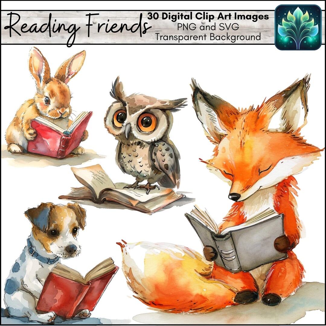 Digital Clip Art Bundle, National Reading Month Cute Watercolor Animal ...