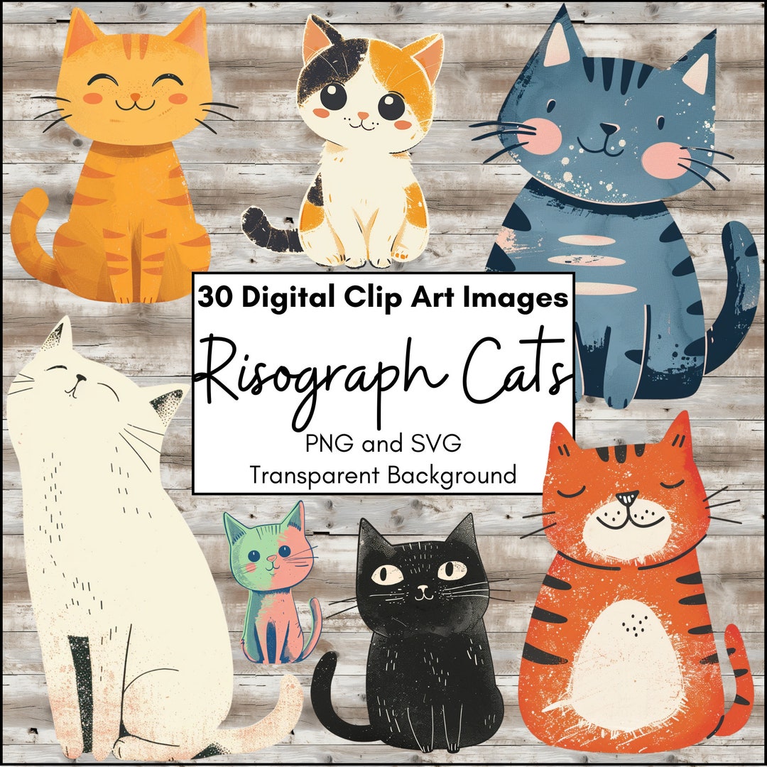 Digital Clip Art Set Risograph Cats, Fun Colorful Feline Art, Cute ...
