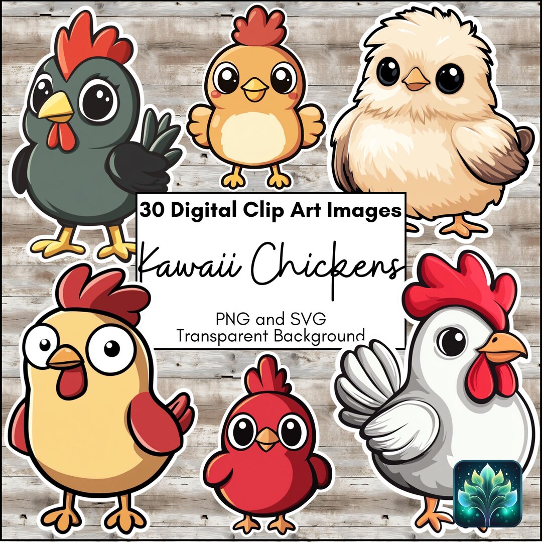 Cute Kawaii Cartoon Chicken Clip Art Bundle, Vinyl Sticker Style ...