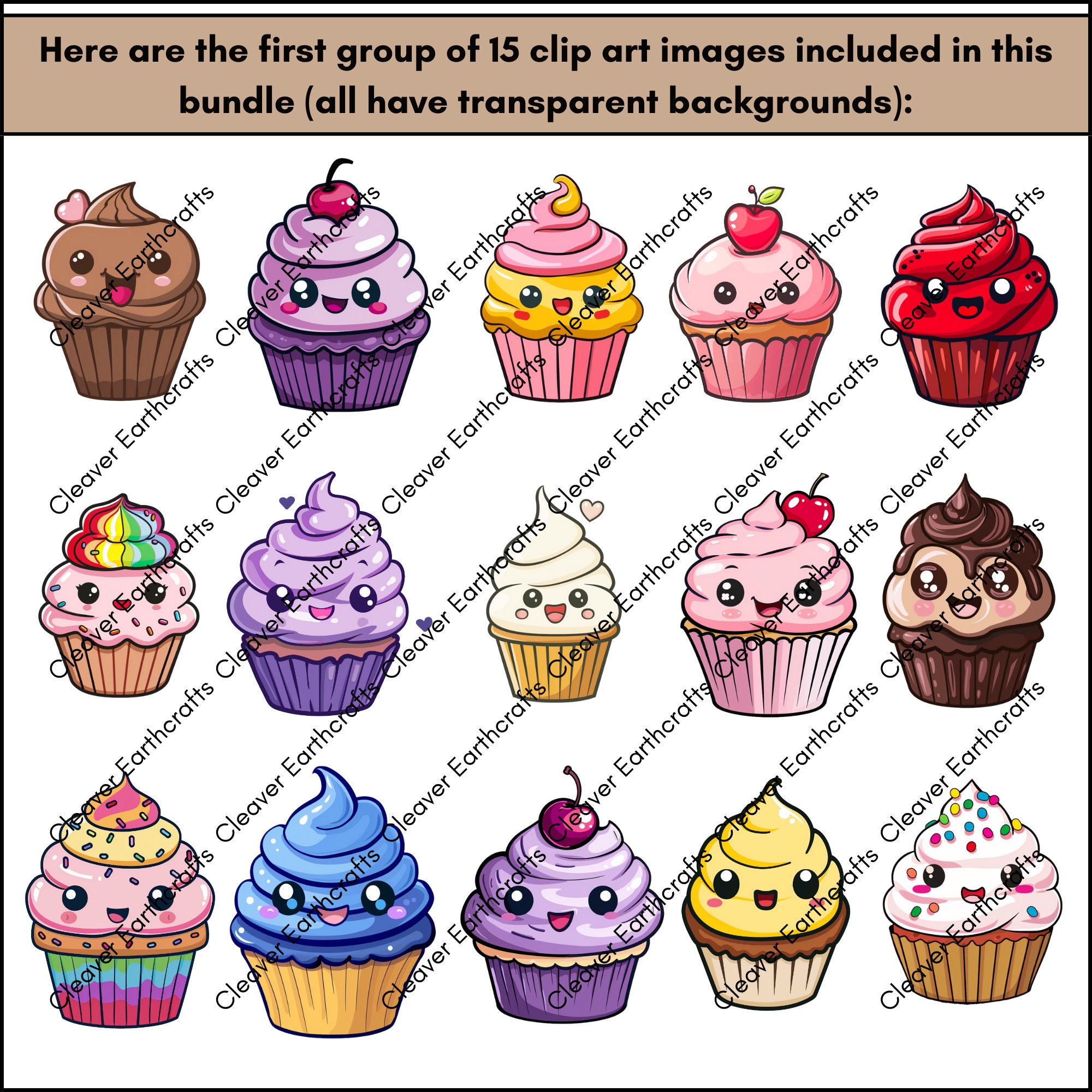 Cute Happy Kawaii Cupcake Digital Clip Art Set, Fun Frosted Cup Cake ...