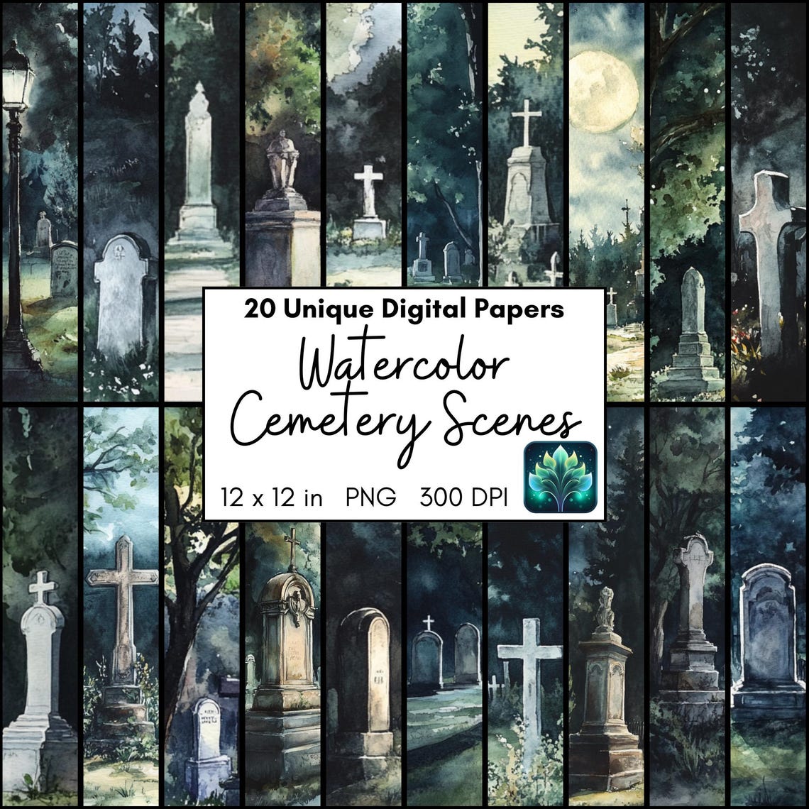 Watercolor Cemetery Digital Paper: Moonlight Graveyard Scenes (digital ...