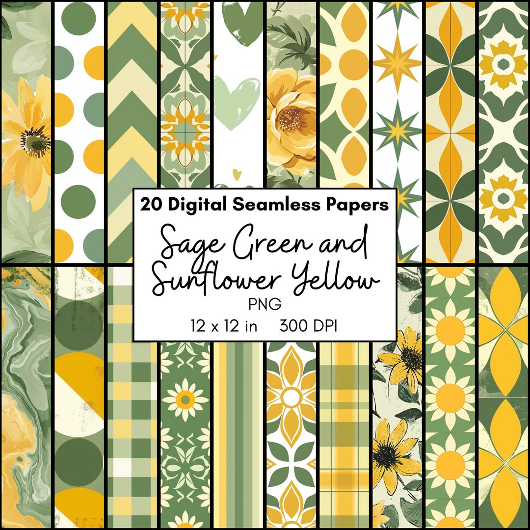 Sage Green and Sunflower Yellow Digital Paper Bundle, Fun Seamless ...