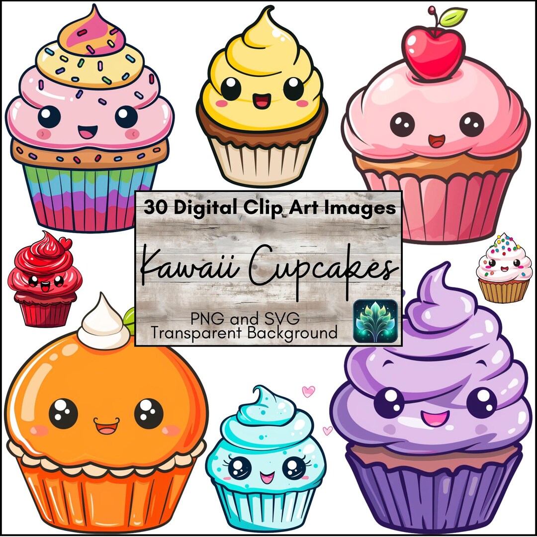 Cute Happy Kawaii Cupcake Digital Clip Art Set, Fun Frosted Cup Cake ...