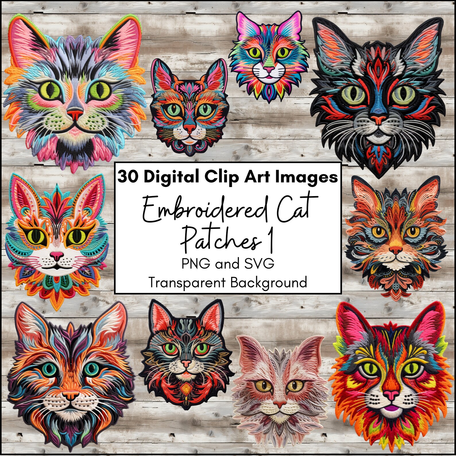 Embroidered Cats Digital Clipart Pack, Realistic Needlecraft Texture ...