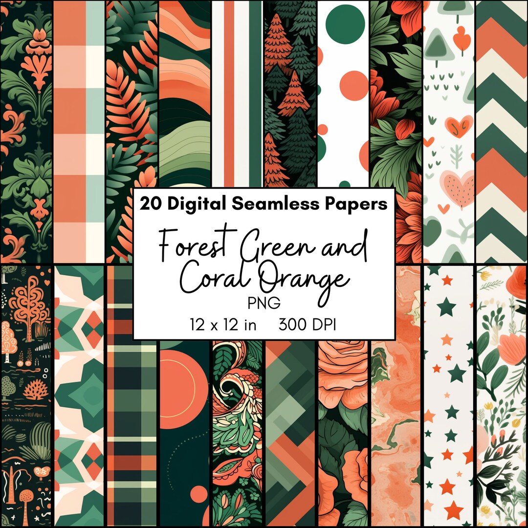 Forest Green and Coral Orange Seamless Repeating Pattern Digital Paper ...