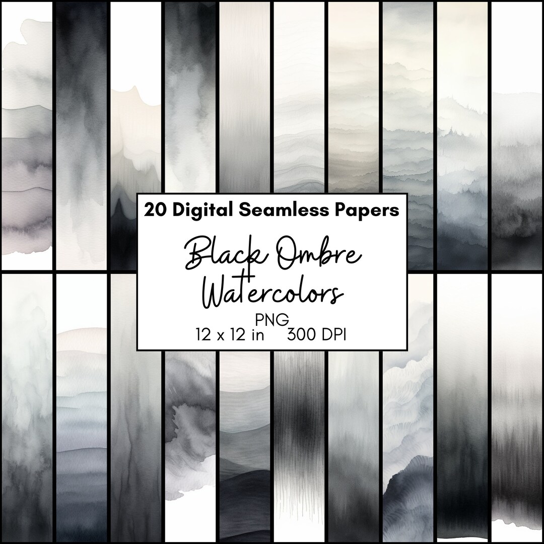 Black Ombre Watercolor Digital Paper Pack, Black and Gray Ink Tones ...