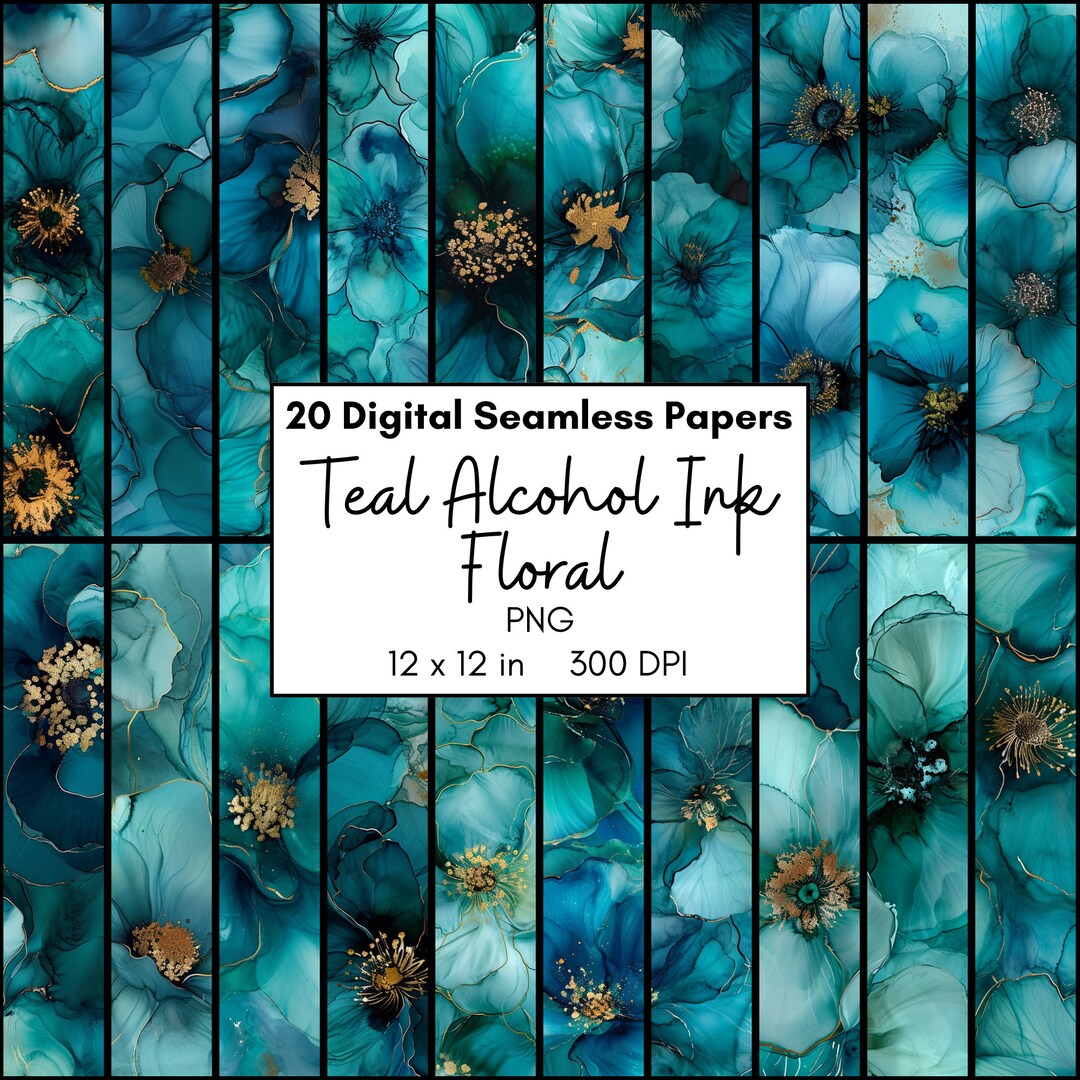 Teal Alcohol Ink Digital Paper Pack, Seamless Repeating Abstract Floral ...