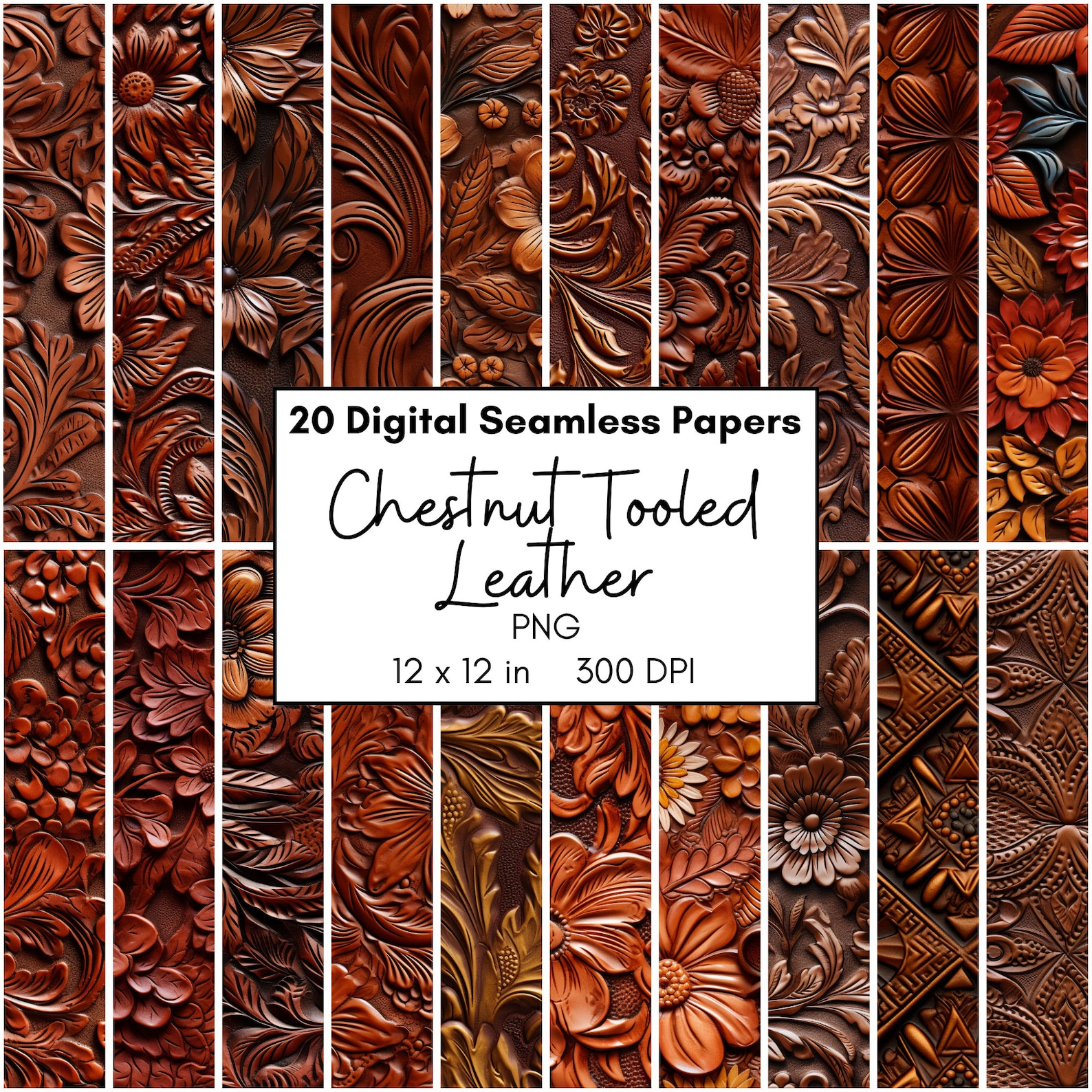 Digital Paper Tooled Leather, Chestnut Colored Leather, Floral Design ...