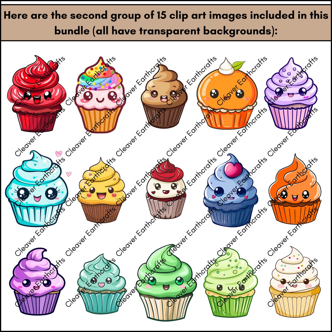 Cute Happy Kawaii Cupcake Digital Clip Art Set, Fun Frosted Cup Cake ...