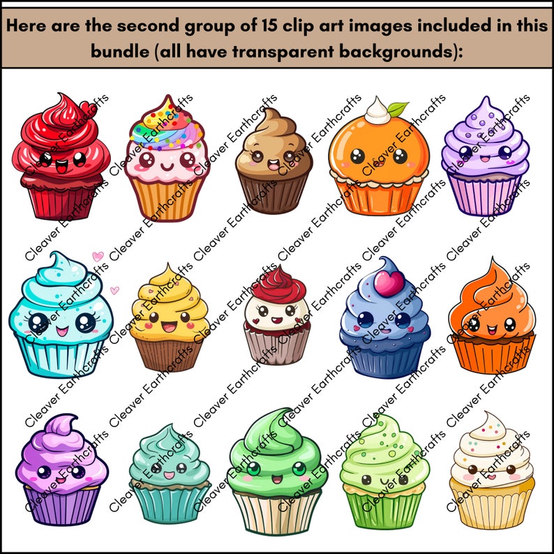 Cute Happy Kawaii Cupcake Digital Clip Art Set, Fun Frosted Cup Cake ...