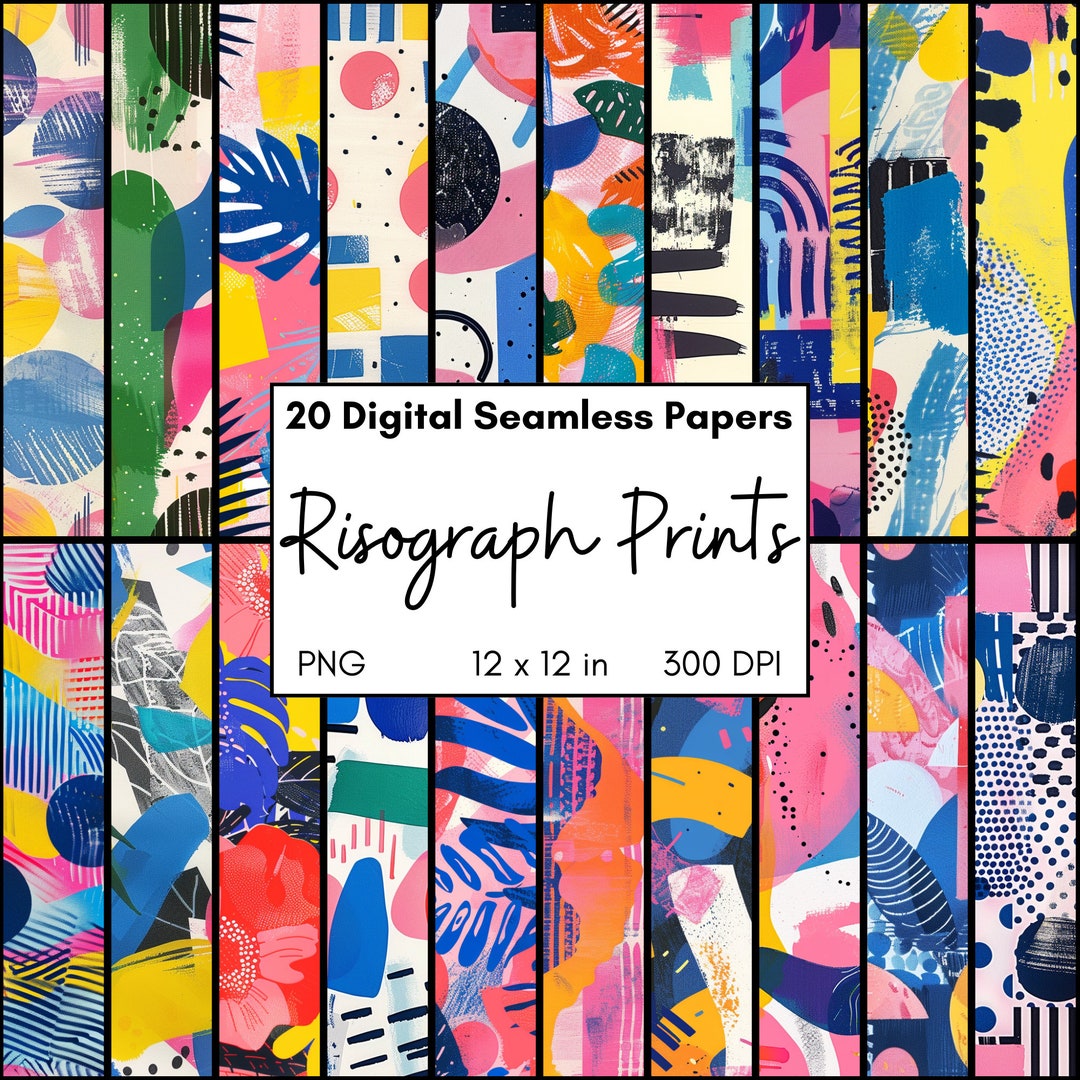 Digital Paper Bundle Risograph Prints, Seamless Repeating Pattern Pages ...