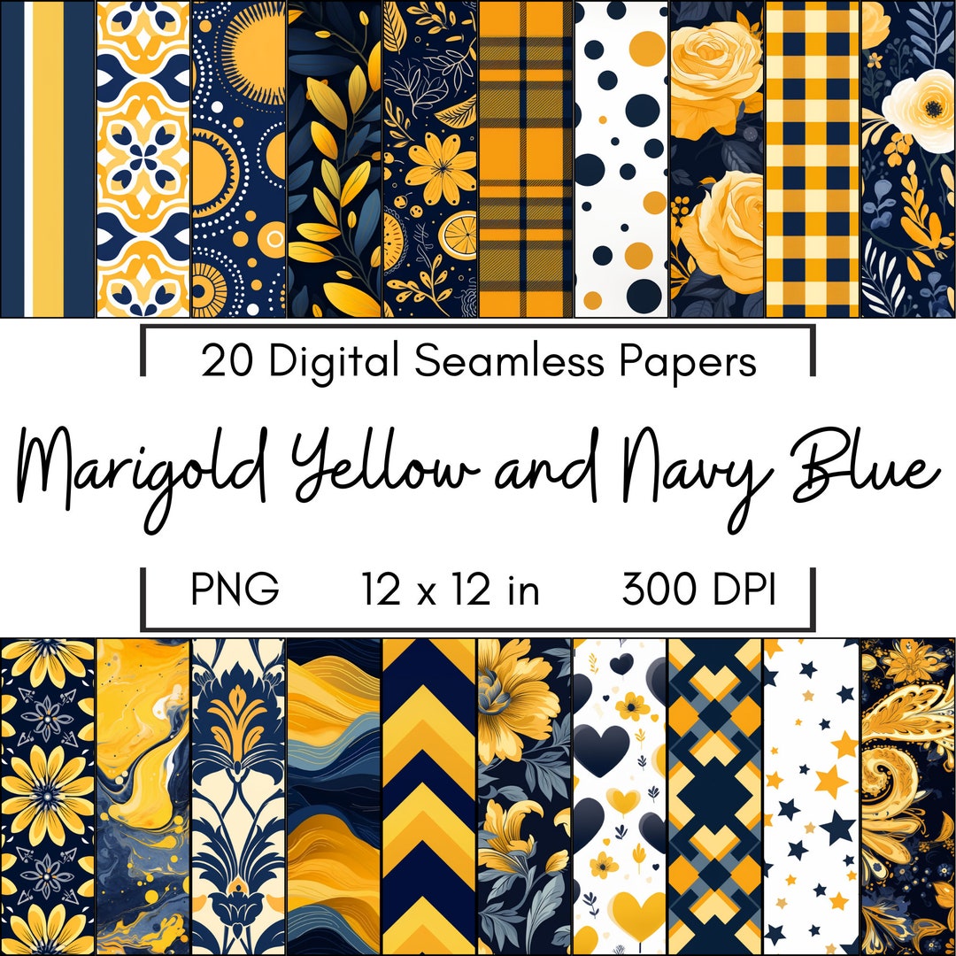 Digital Paper Seamless Repeating Pattern, Marigold Yellow Floral, Navy ...