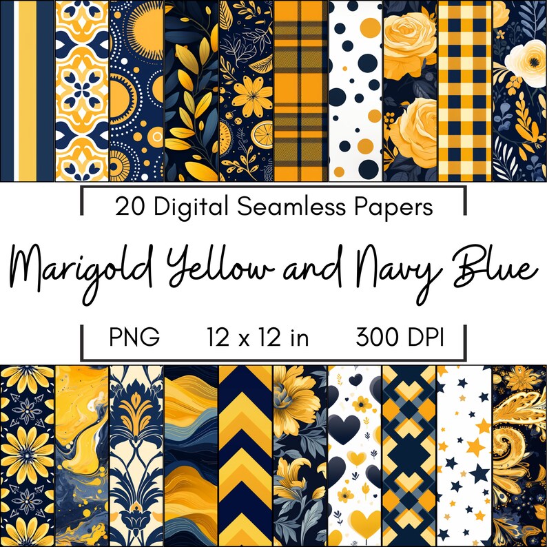 Digital Paper Seamless Repeating Pattern, Marigold Yellow Floral, Navy ...