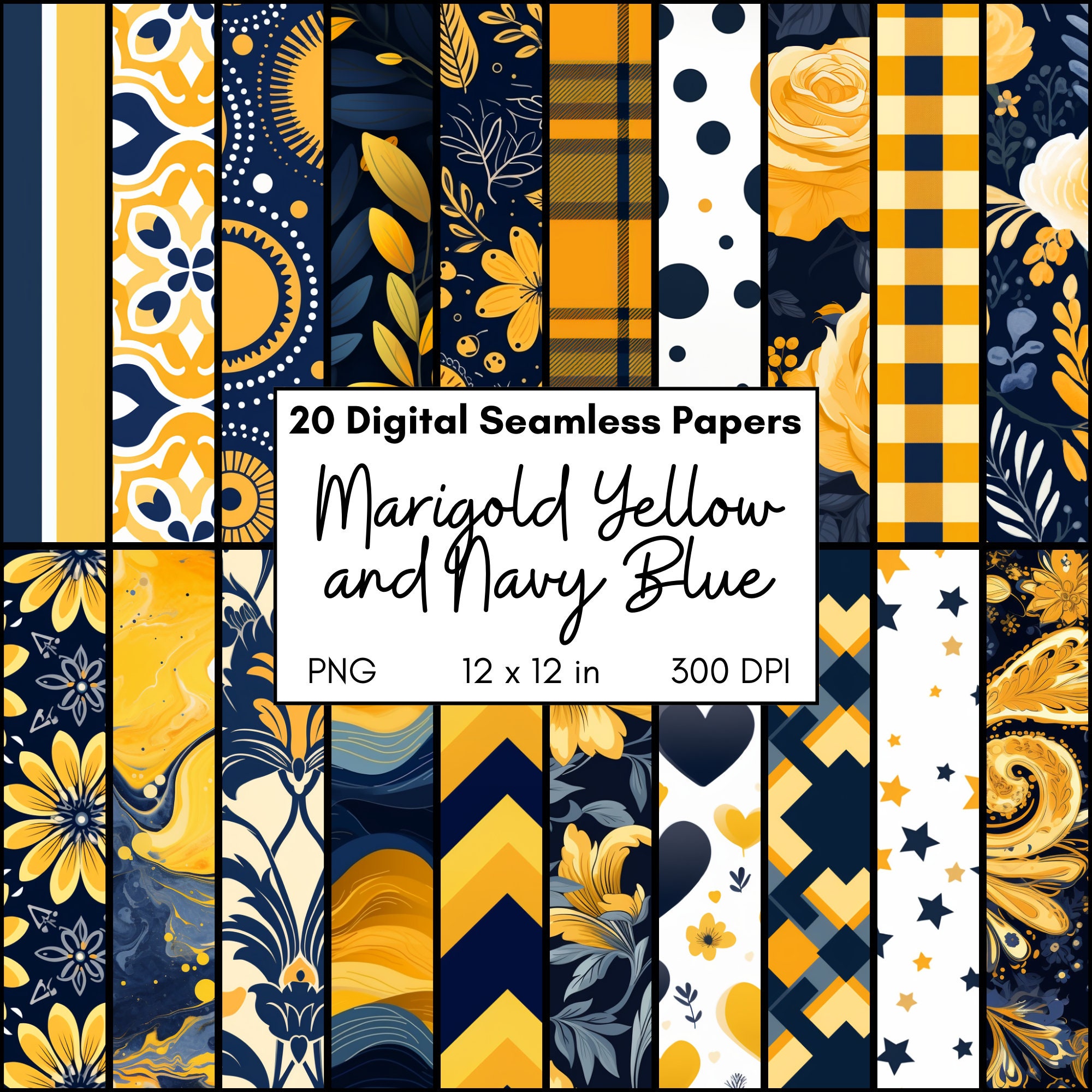 Digital Paper Seamless Repeating Pattern, Marigold Yellow Floral, Navy ...