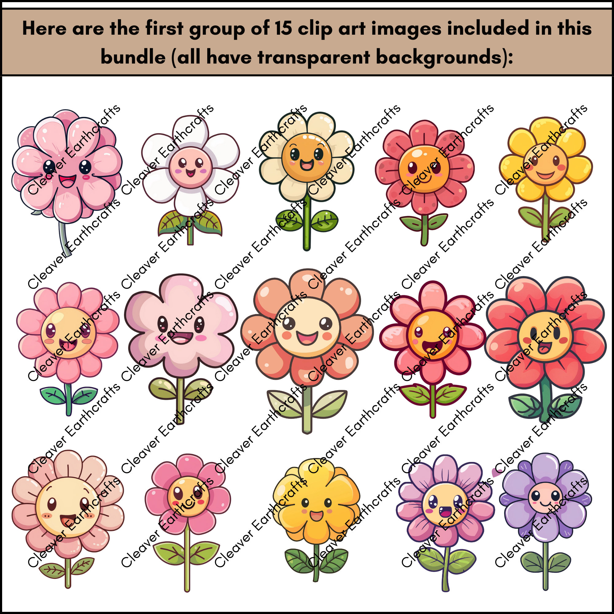 Cute Kawaii Flower Digital Clip Art Set, Fun Cartoon Illustration Anime ...