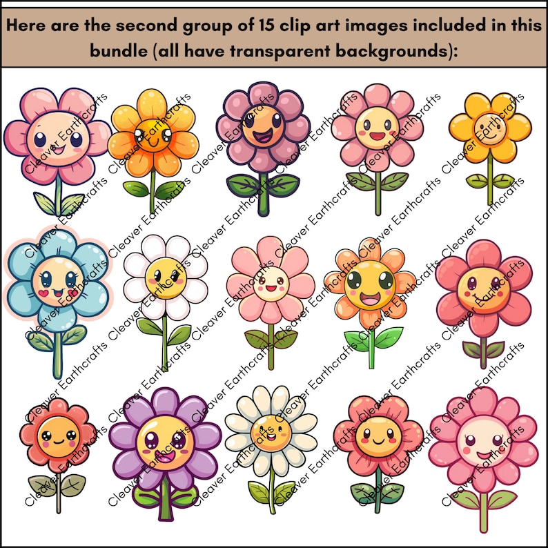 Cute Kawaii Flower Digital Clip Art Set, Fun Cartoon Illustration Anime ...