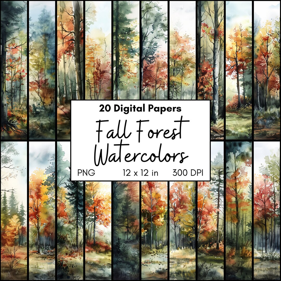 Fall Forest Watercolor Landscape Image, 12x12 Digital Paper, Printable ...