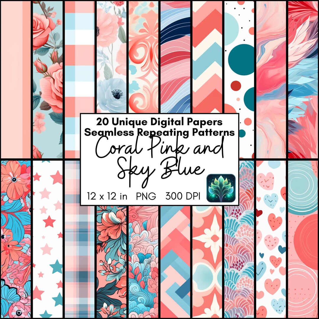 Coral Pink and Sky Blue Digital Paper Set, Repeating Pattern Seamless ...