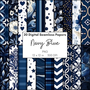 Navy Blue Color Pack Digital Papers, Floral, Geometric, Damask, Marble ...