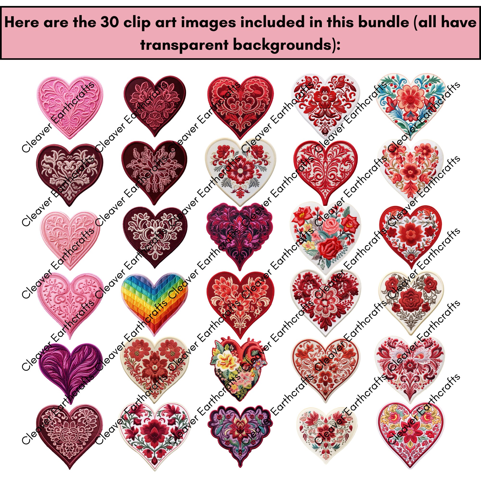 Embroidered Hearts Digital Clipart Pack, Realistic Needlecraft Texture ...