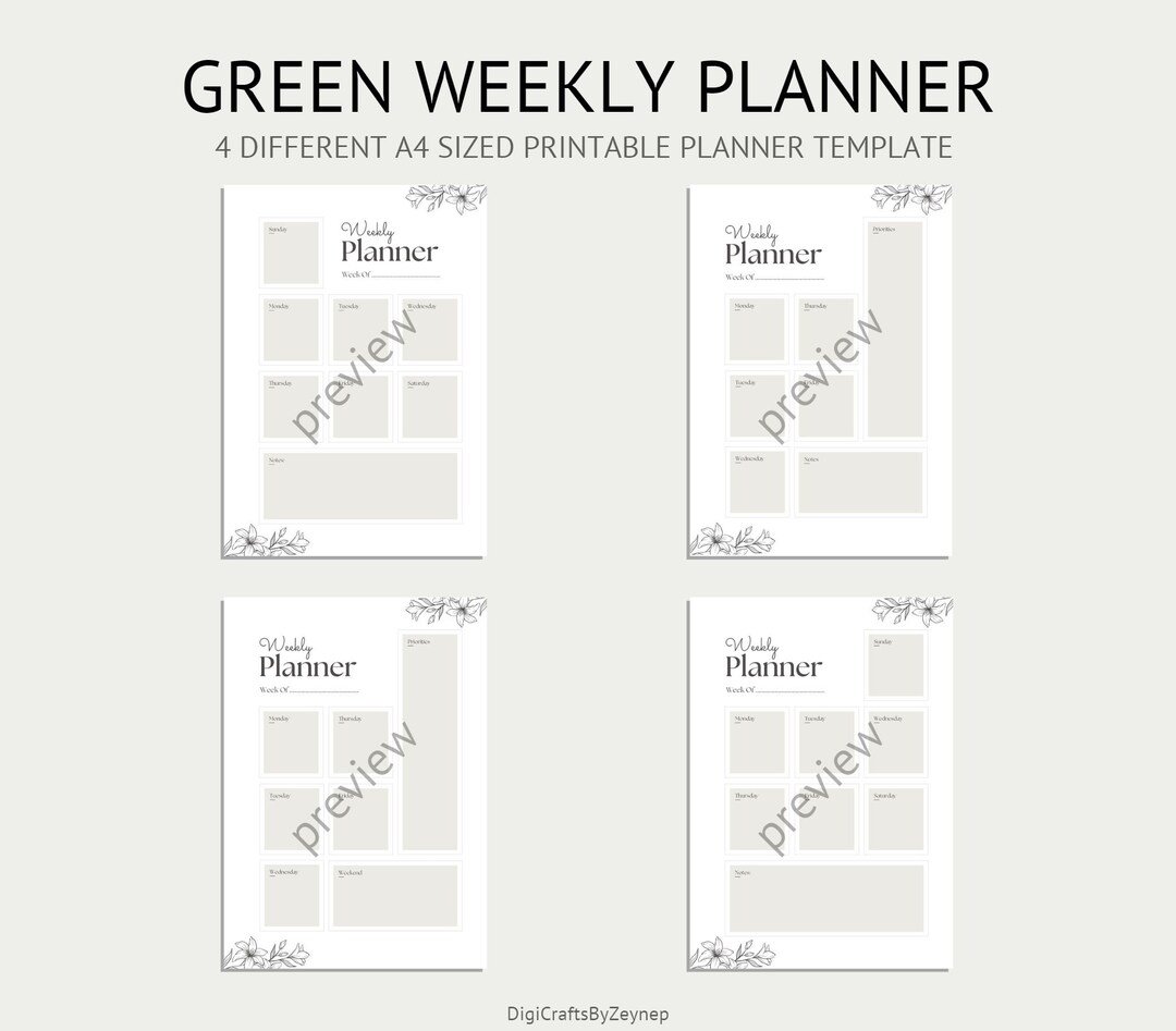 Green Printable Weekly Planner, Planner Template, A4 Printable PDF JPG ...