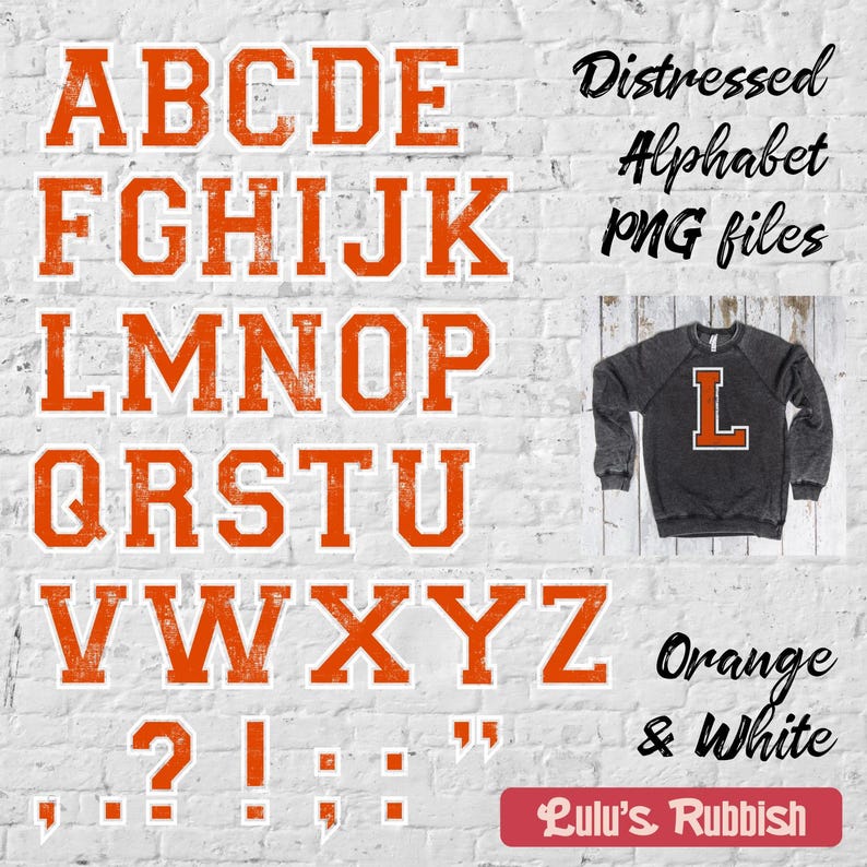 Varsity Distressed Alphabet Set Png, ORANGE & WHITE Alphabet Set, Png ...