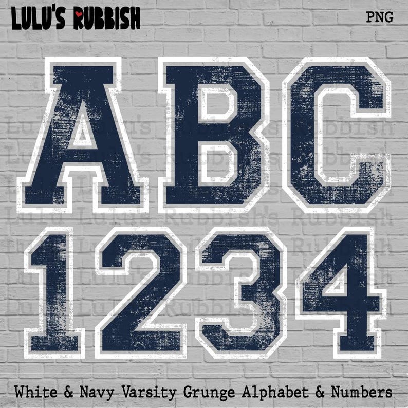 Varsity Distressed Alphabet Set: White & Navy PNG Files (digital Art ...
